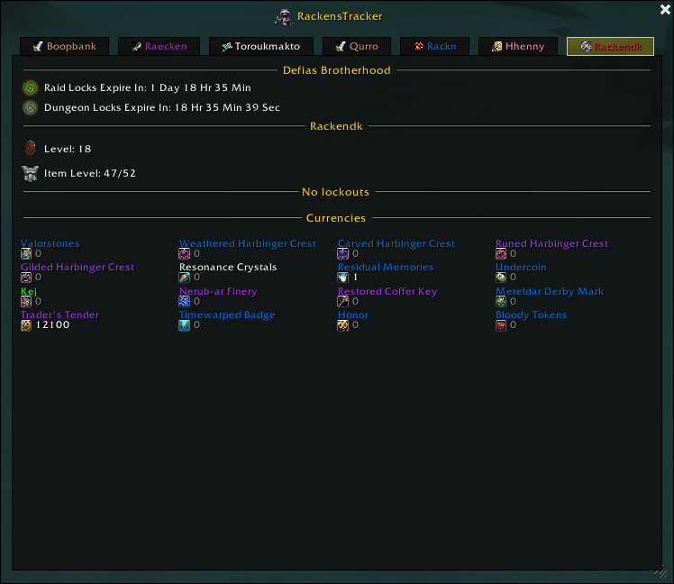 RackensTracker : Miscellaneous : World of Warcraft AddOns
