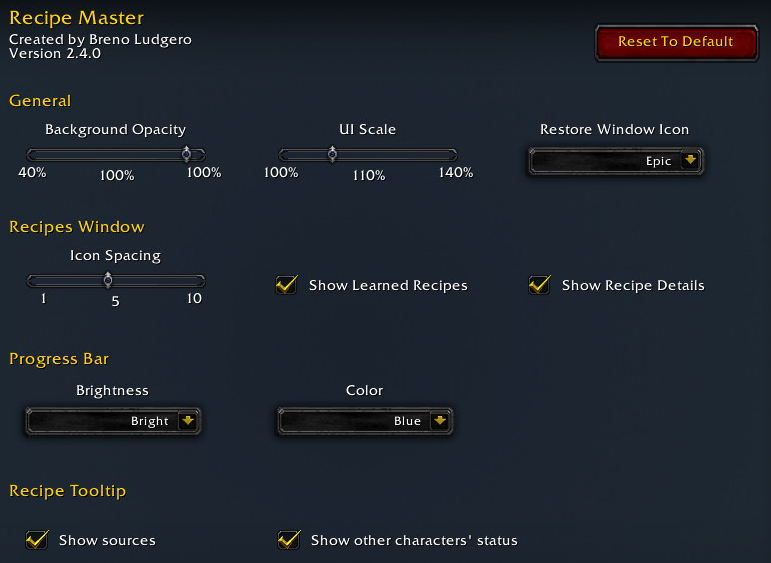 Recipe Master (Vanilla) : Character Advancement : World of Warcraft AddOns