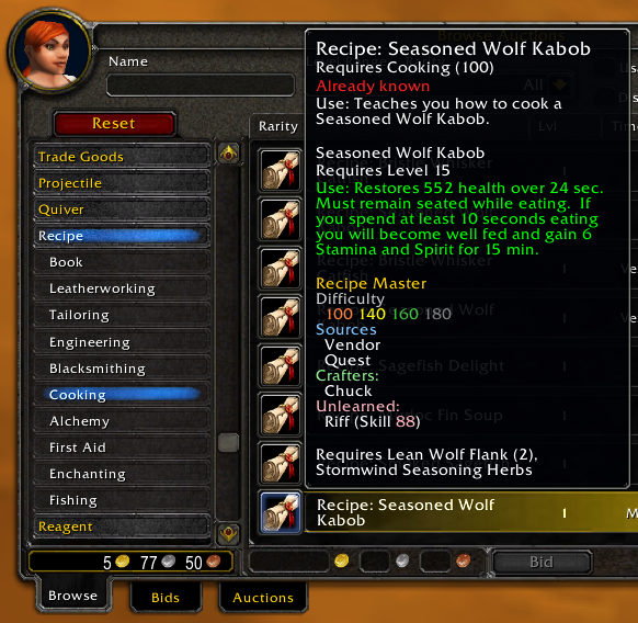 Recipe Master : Character Advancement : World of Warcraft AddOns